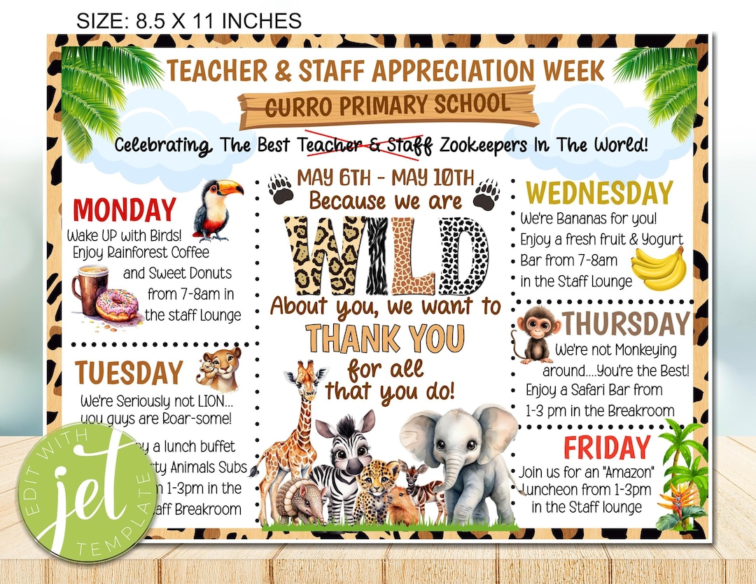 EDITABLE Jungle Zoo Themed Teacher Appreciation Week Itinerary Flyer ...