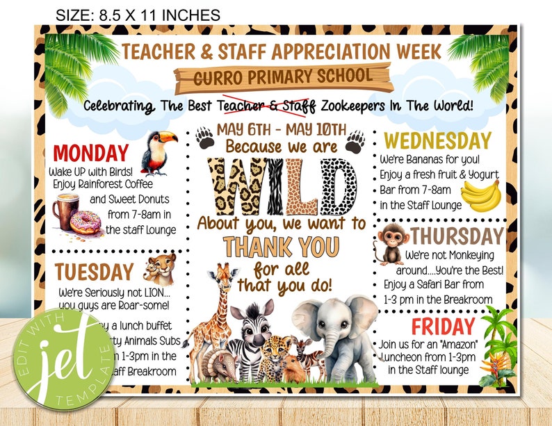 EDITABLE Jungle Zoo Themed Teacher Appreciation Week Itinerary Flyer ...