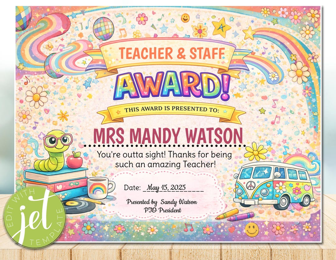 Retro Teacher Reward Certificate Printable Template, Through the ...