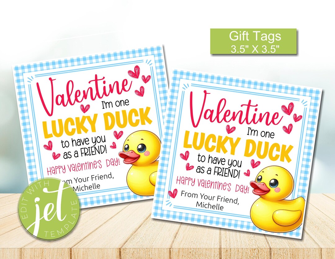 Editable Valentine Lucky Duck Tags, Rubber Ducky, Kid Friend Valentine ...