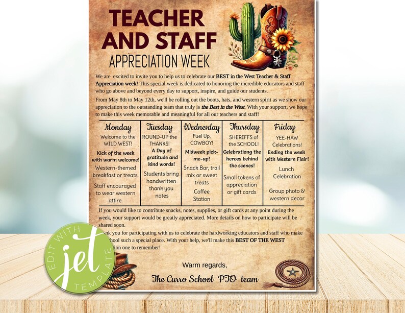 Western Teacher Appreciation Week Itinerary, Best in the West, Letter ...