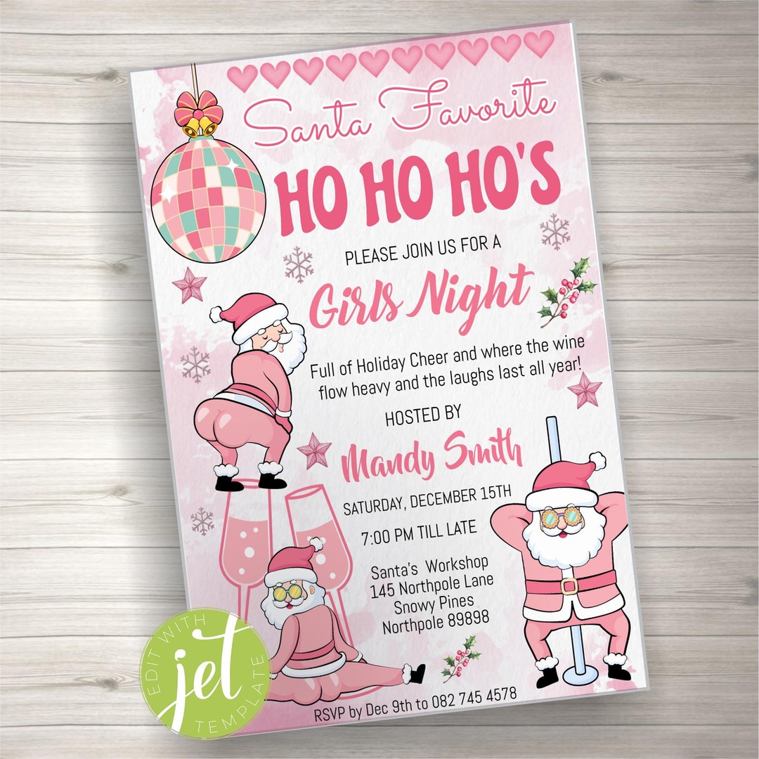 EDITABLE Funny Pink Santa Invitation, Christmas Girls Night Invitation ...