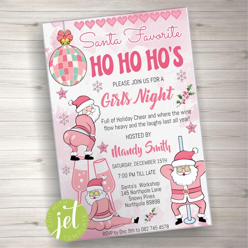 EDITABLE Funny Pink Santa Invitation, Christmas Girls Night Invitation ...