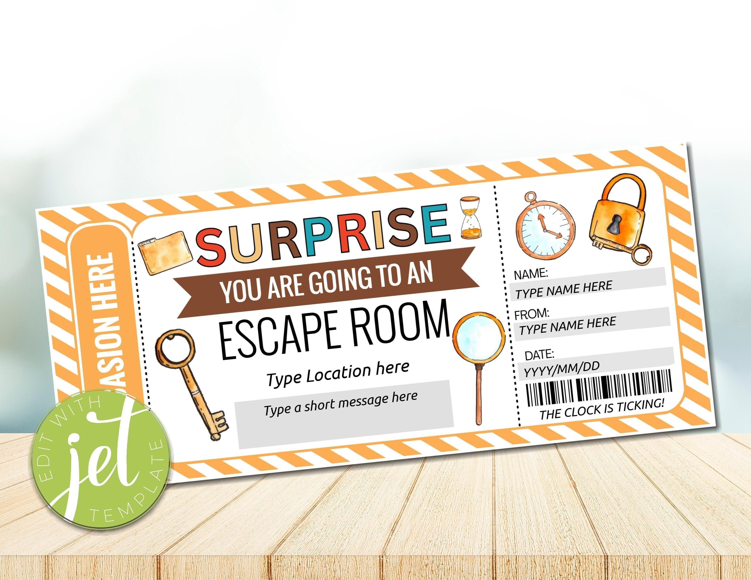 Editable Escape Room Ticket Template, Surprise Game Room Gift ...