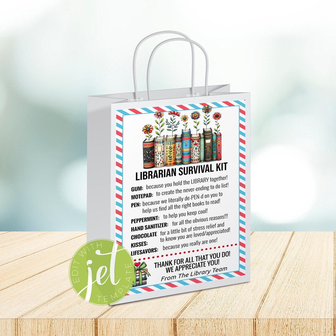 EDITABLE Librarian Survival Kit Printable Gift Bag Label, Back to ...
