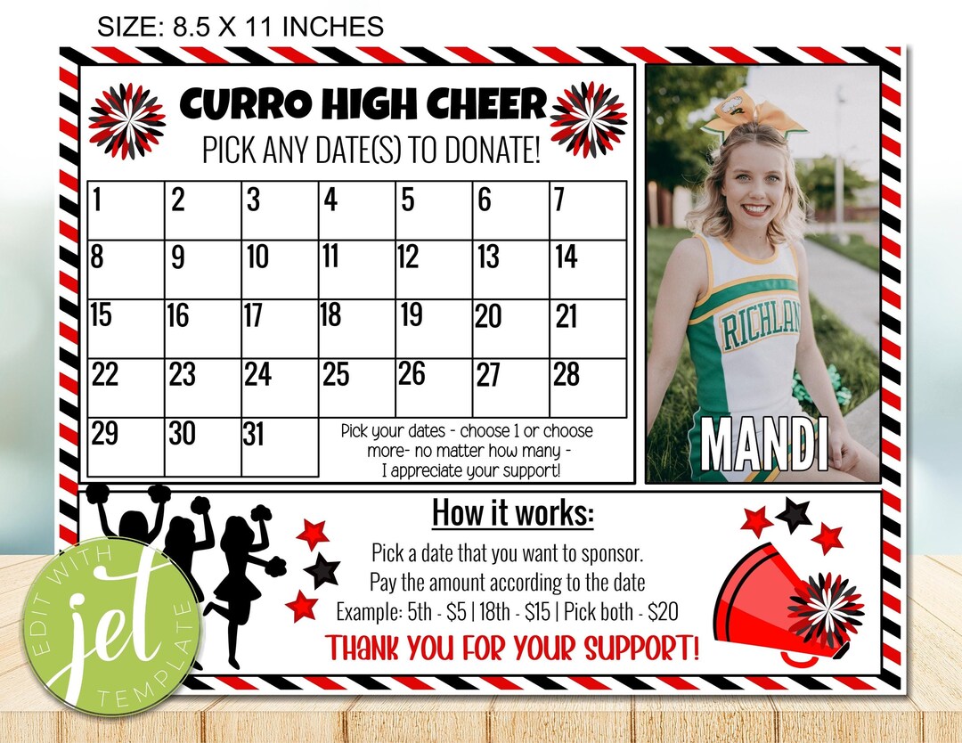 Editable Cheer Calendar Pick a Date to Donate Fundraiser Template ...