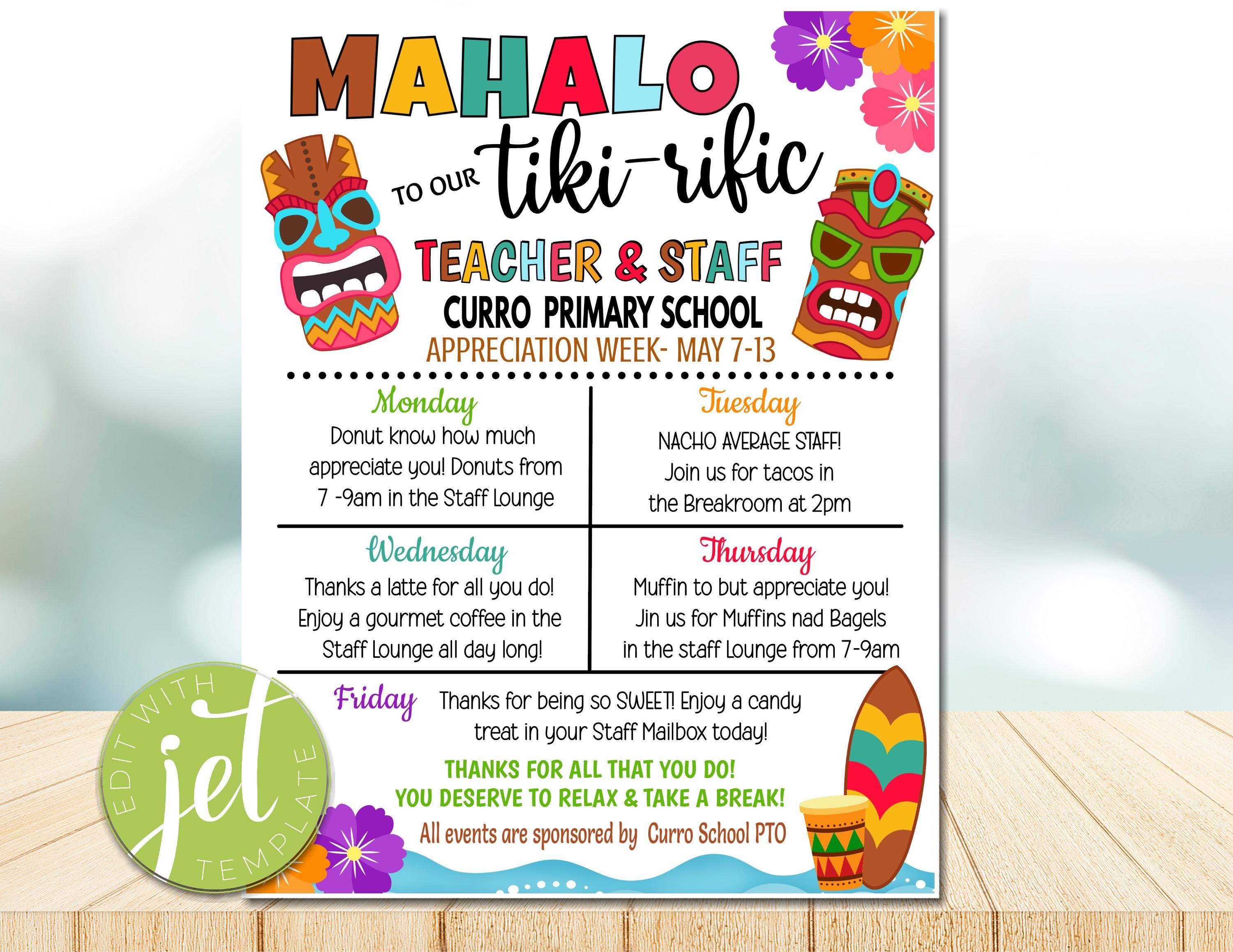 EDITABLE Luau Teacher Appreciation Week Itinerary, Tropical Hawaii You ...