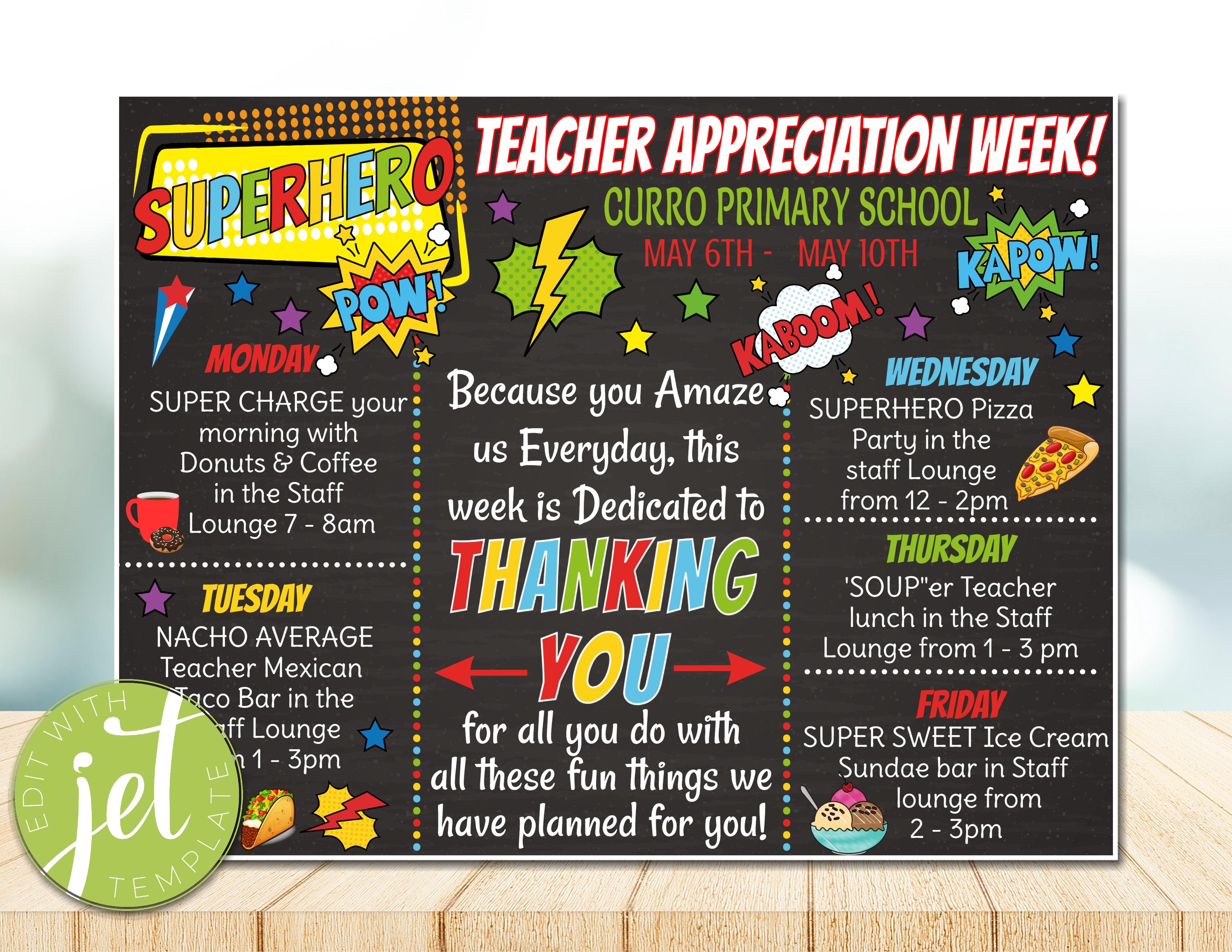 EDITABLE Superhero Theme Teacher Appreciation Week, Week Itinerary ...