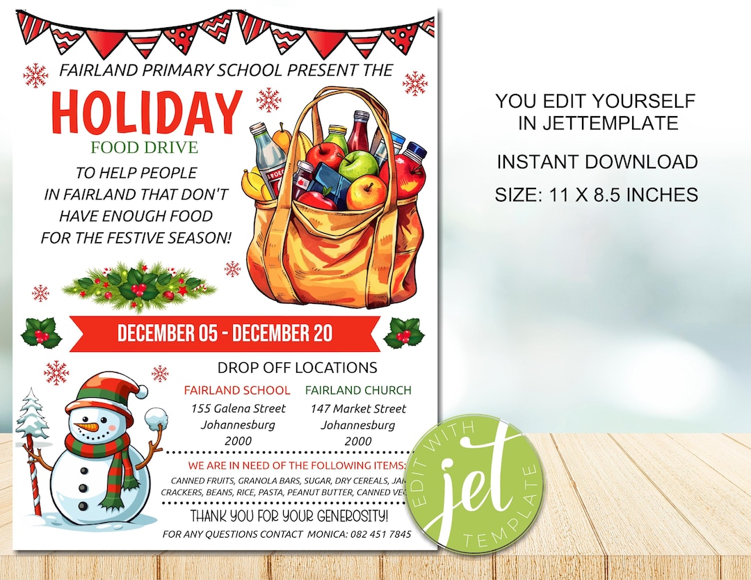 Editable Holiday Food Drive Flyer, Christmas Printable PTA PTO Flyer ...