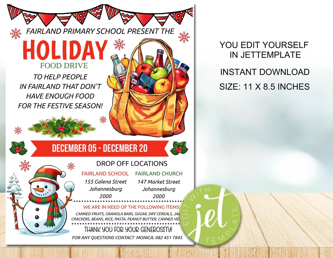 Editable Holiday Food Drive Flyer, Christmas Printable PTA PTO Flyer ...