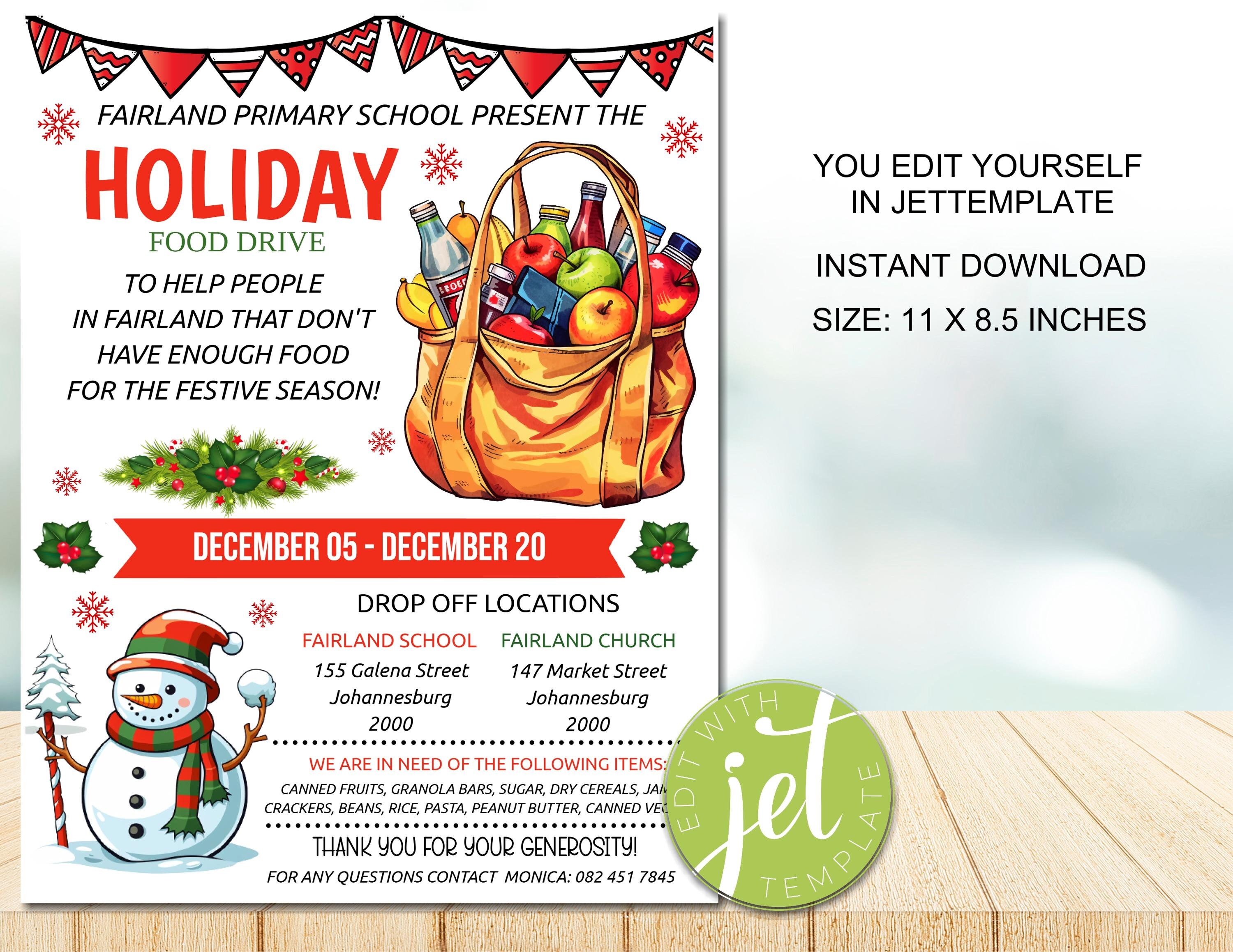 Editable Holiday Food Drive Flyer, Christmas Printable PTA PTO Flyer ...