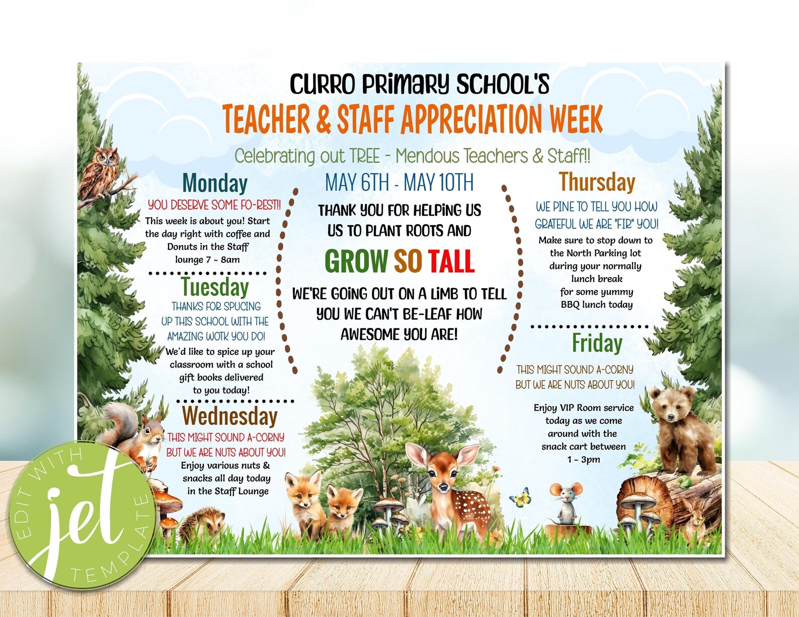 EDITABLE Woodland Forest Themed Teacher Appreciation Week Itinerary ...