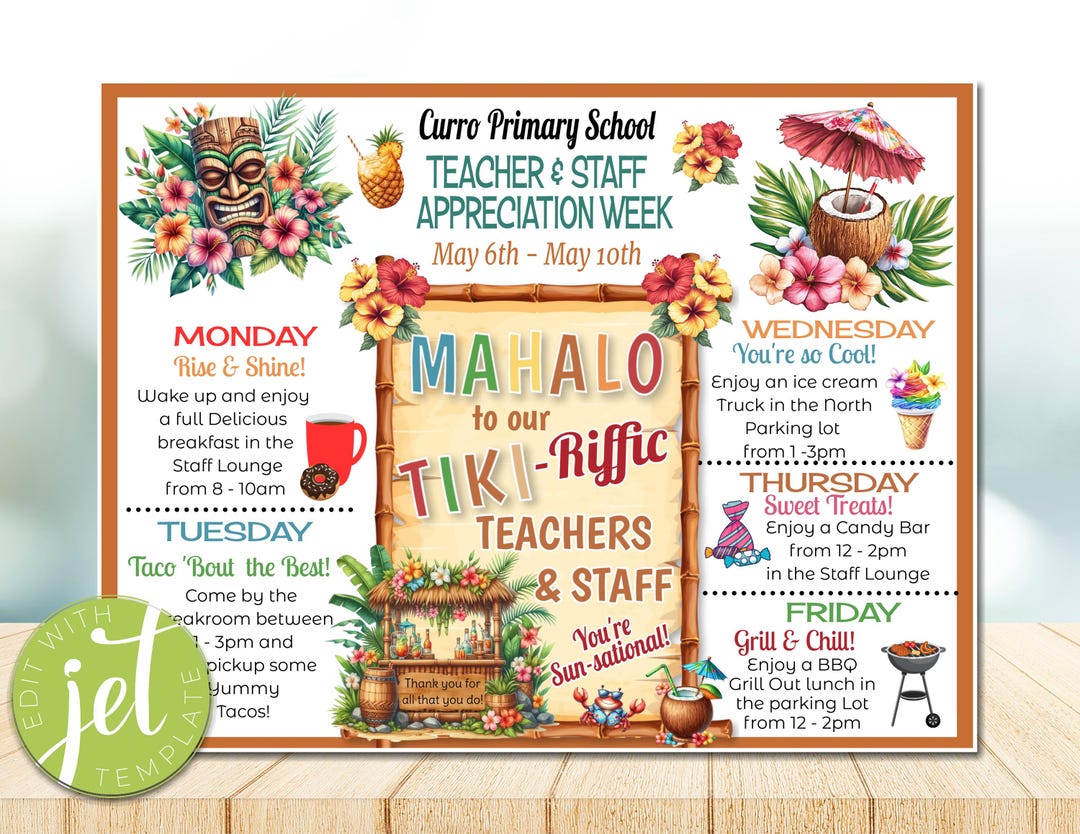 EDITABLE Hawaiian Themed Teacher Appreciation Week Itinerary, Beach ...