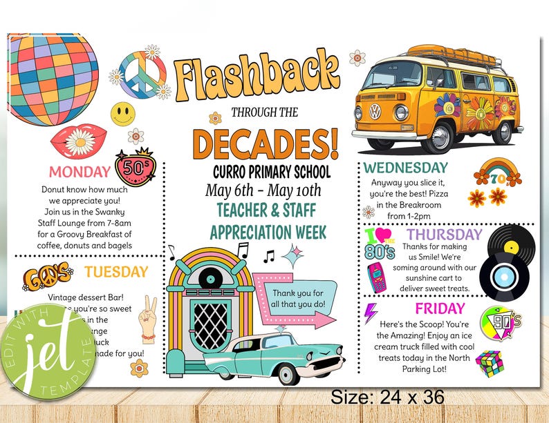 Editable Flashback Decades Itinerary, Staff Appreciation Week, Poster ...