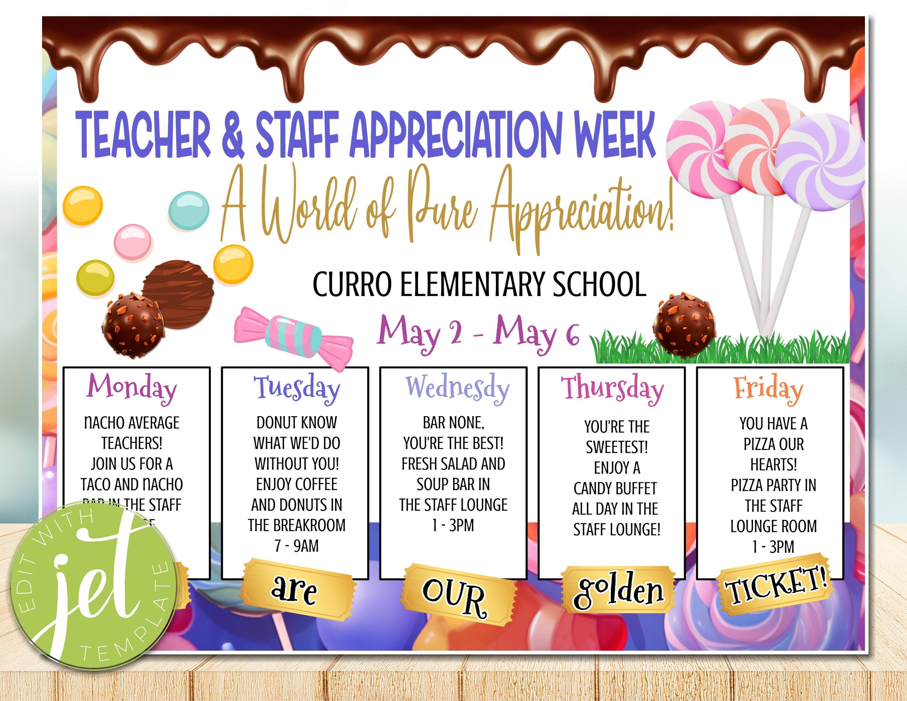 EDITABLE Teacher Appreciation Week Itinerary, Chocolate Candy Sweet ...