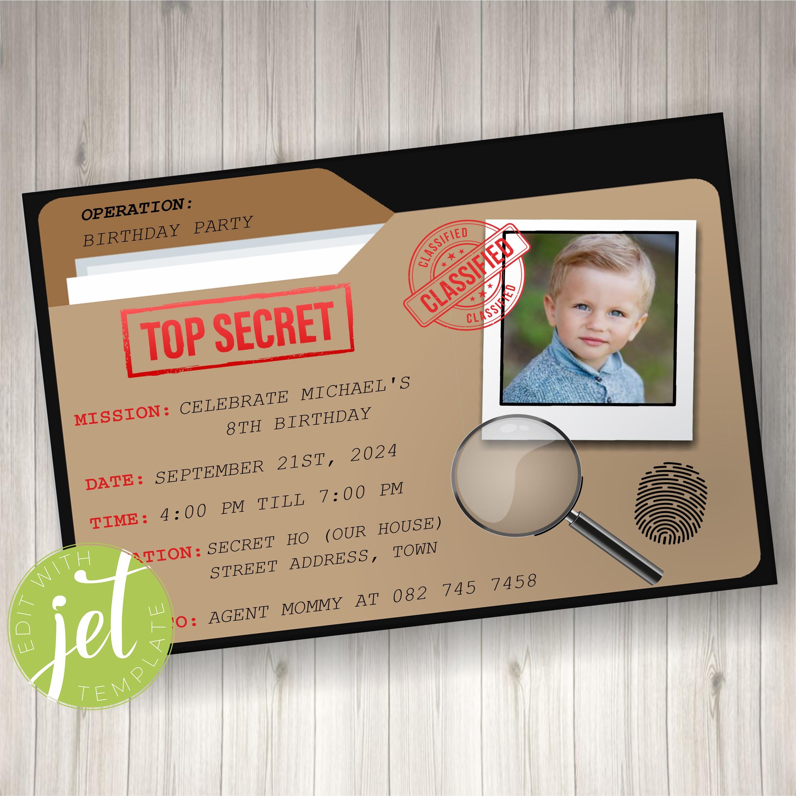 Editable Secret Agent Detective Spy Birthday Party Invite, Top Secret ...
