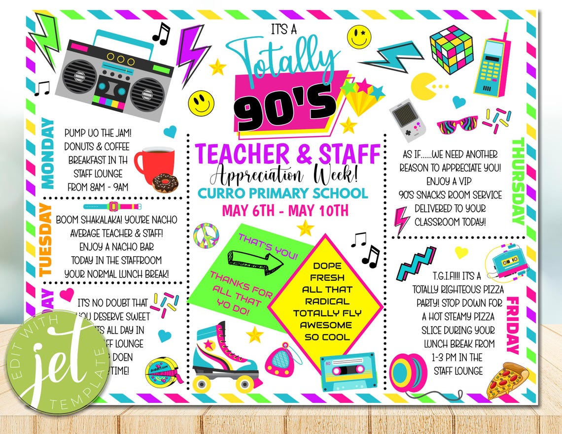 80s 90s Teacher Appreciation Bundle, Retro Staff Appreciation Week Deco ...