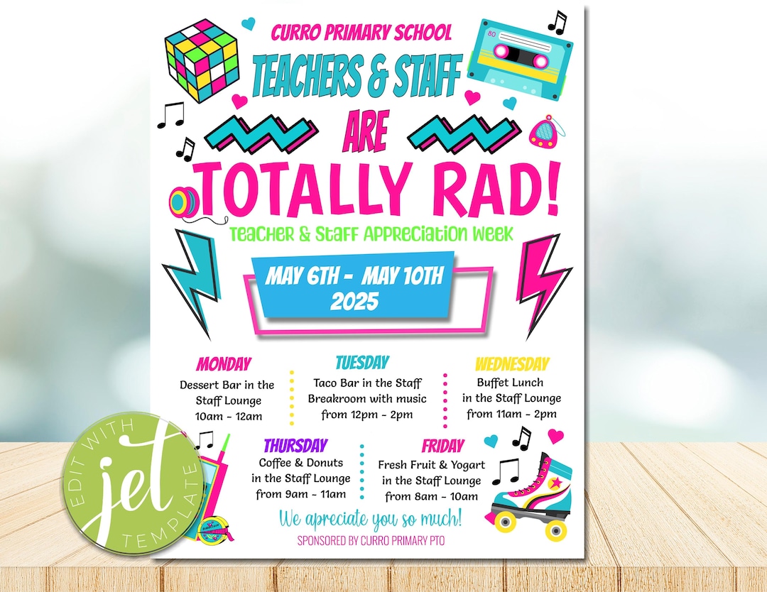Editable 90s Theme Teacher & Staff Appreciation Itinerary Flyer ...