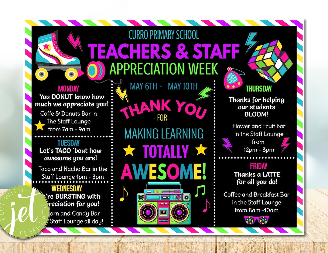 EDITABLE 80s 90s Theme Teacher Appreciation Week Itinerary, Neon ...