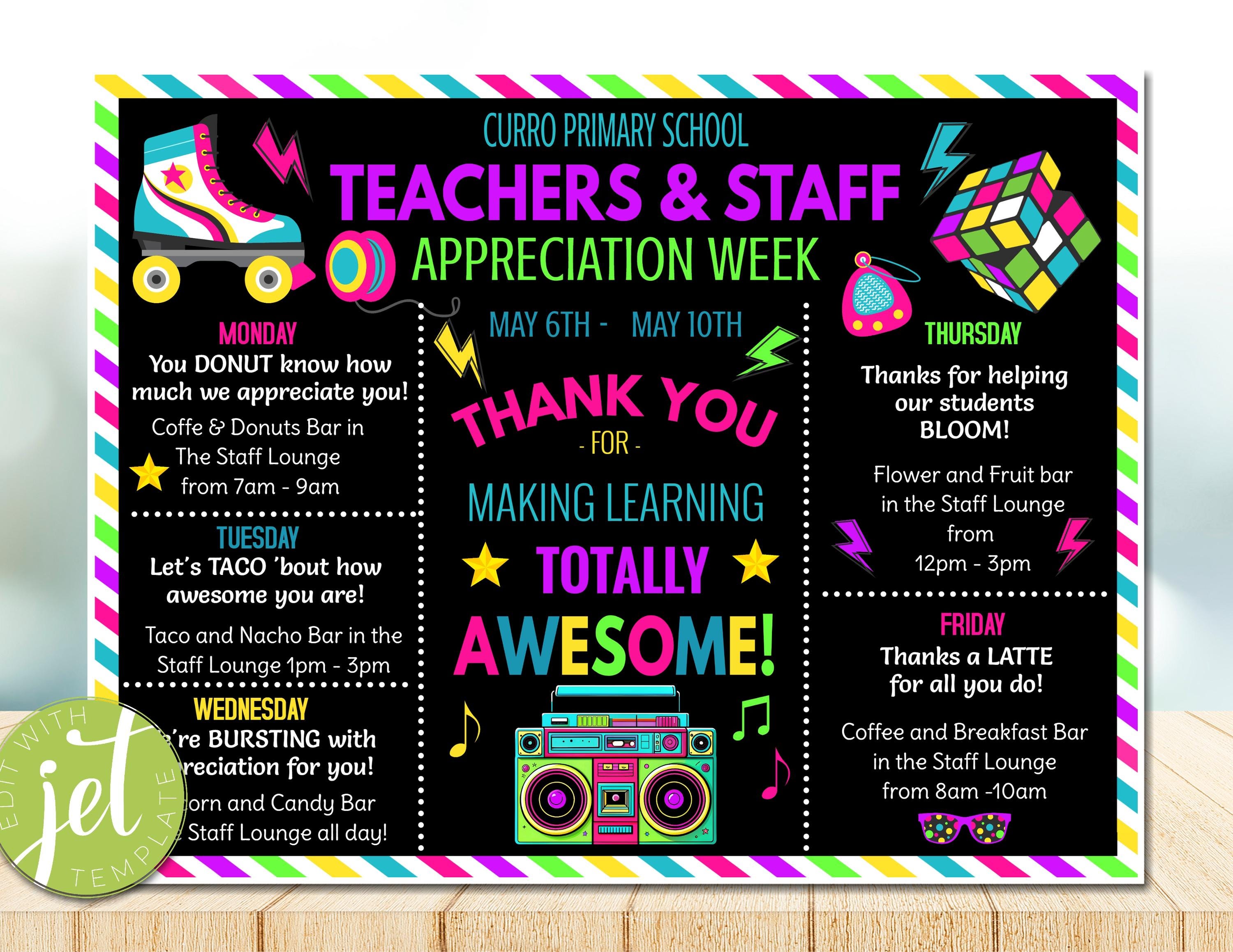 Editable 80s 90s Teacher Appreciation Week Itinerary, Instant Download ...