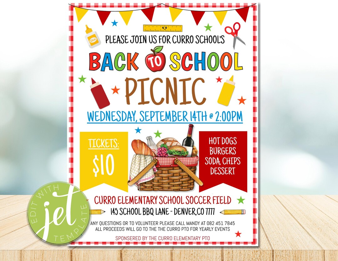 EDITABLE Back to School Picnic Flyer, Pto Pta School Fundraiser Flyer ...