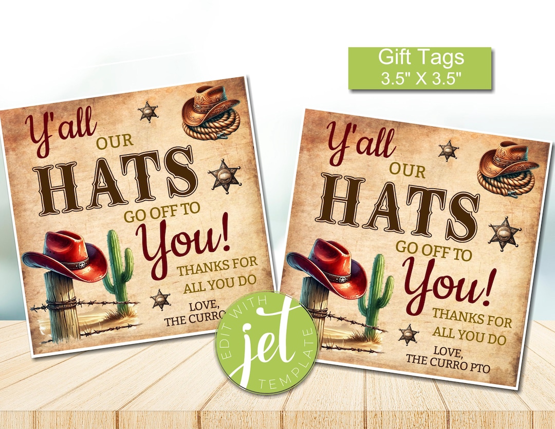 Western Theme Thank You Gift Tags, Our Hats Go off to You, Cowboy ...