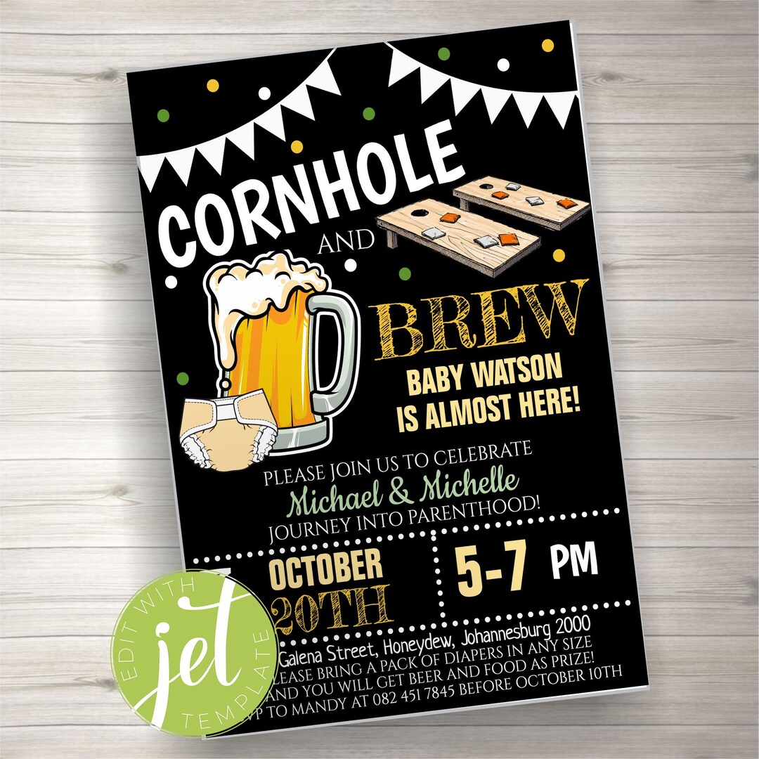 Editable Cornhole and Beer Baby Shower Invitation Chalkboard Baby ...