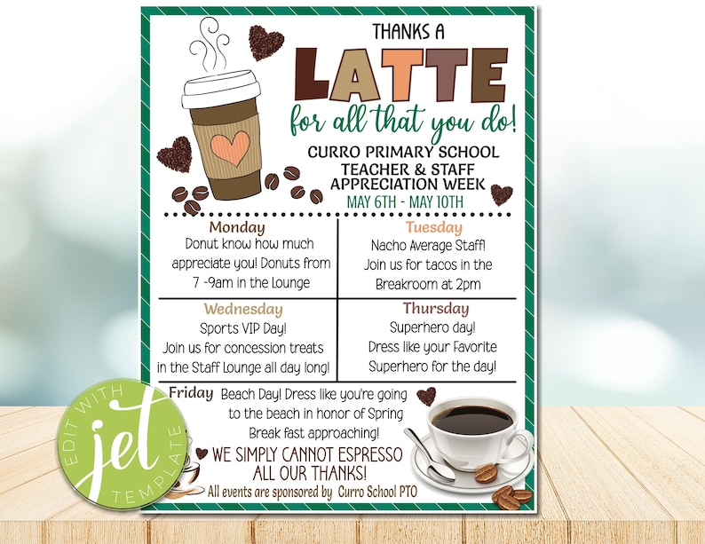 Editable Teacher Appreciation Week Itinerary, Coffee Theme, Instant ...