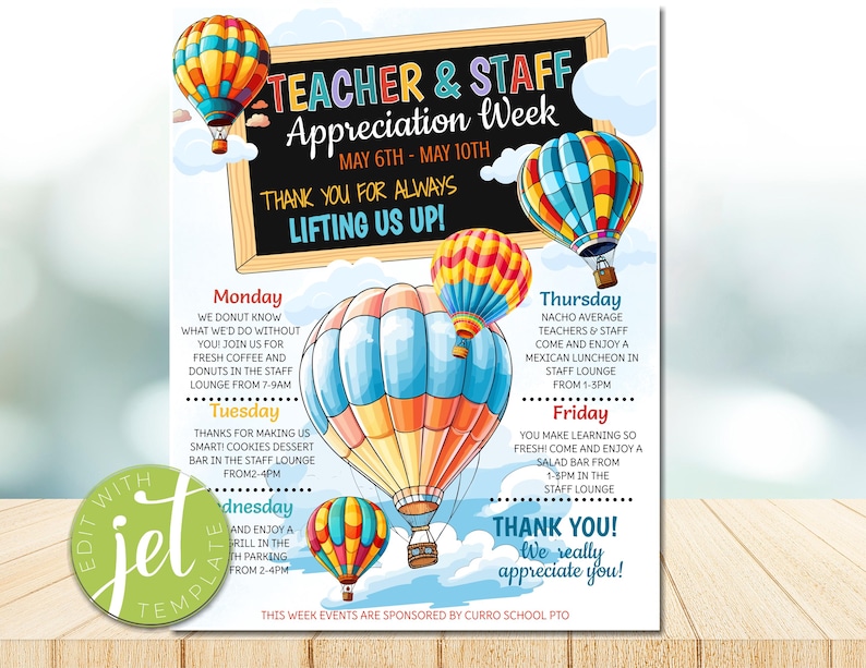 EDITABLE Lift Us up Teacher and Staff Appreciation Week, Itinerary ...