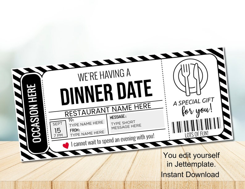 Editable Dinner Date Gift Voucher, Dinner Reservation Ticket, Dinner ...