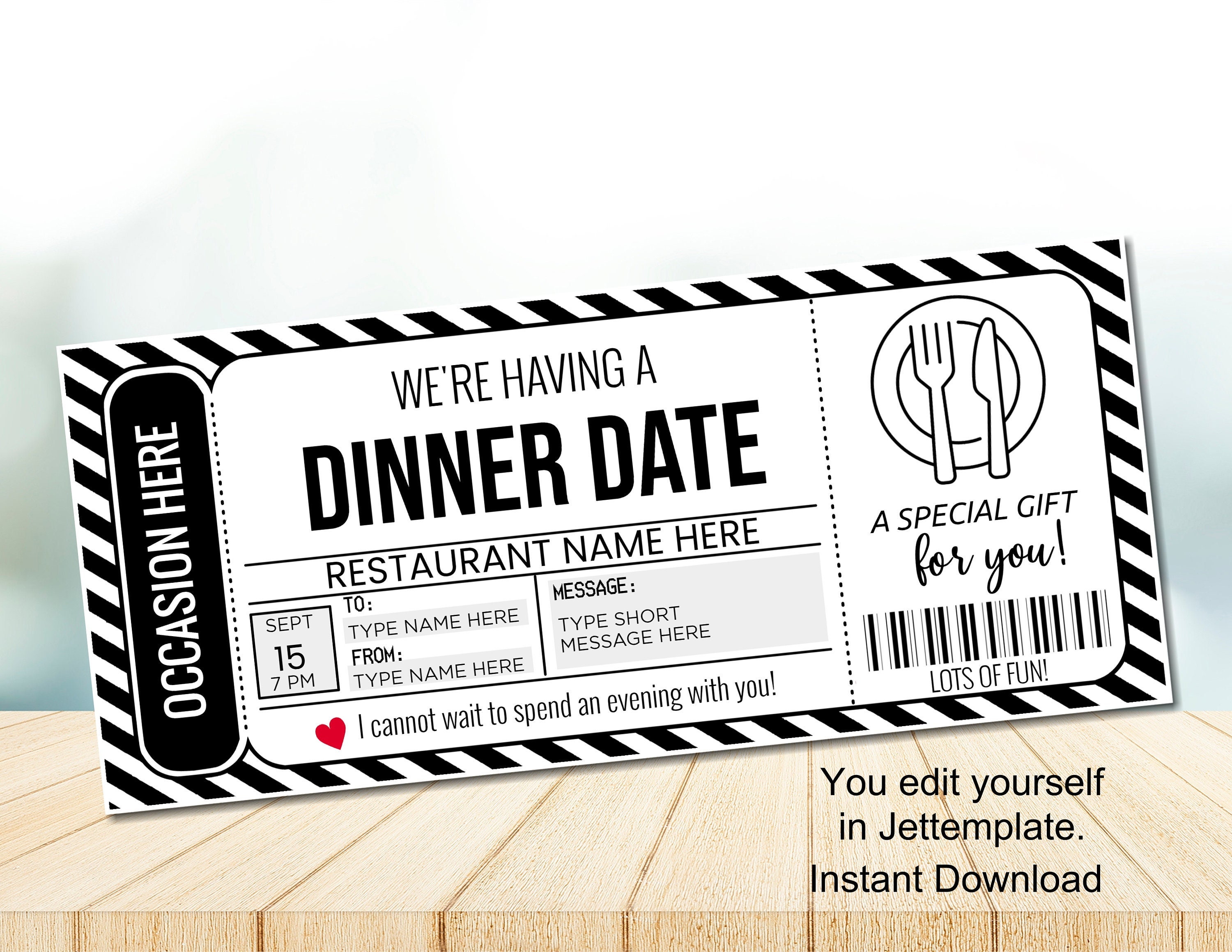 Editable Dinner Date Gift Voucher, Dinner Reservation Ticket, Dinner ...