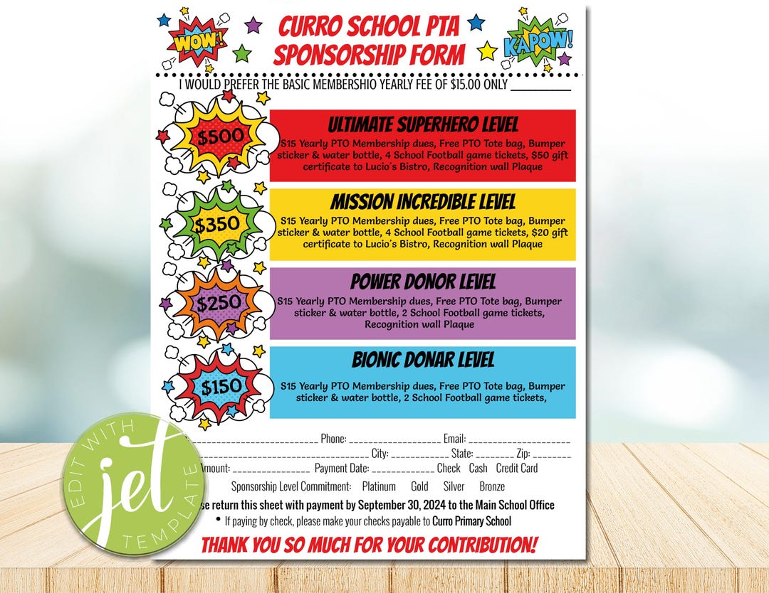 EDITABLE Superhero Theme School Pto/pta Sponsorship Form, Superhero ...
