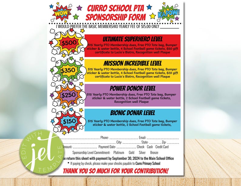 EDITABLE Superhero Theme School Pto/pta Sponsorship Form, Superhero ...