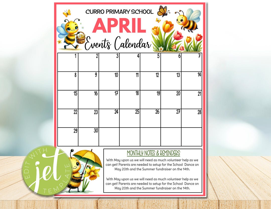 Editable April Events Calendar, Spring PTO PTA Printable Handout ...