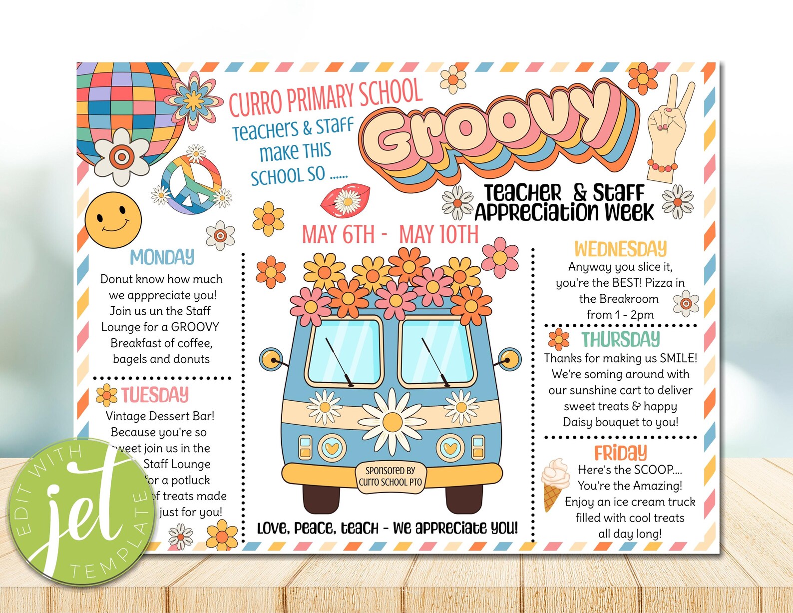 Editable Groovy 60s 70s Theme Teacher Appreciation Week Itinerary ...