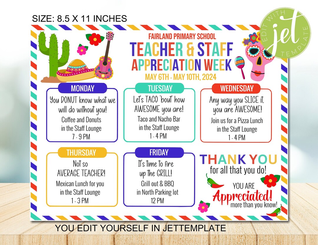 EDITABLE Teacher & Staff Appreciation Week Flyer, Itinerary Week Invite ...