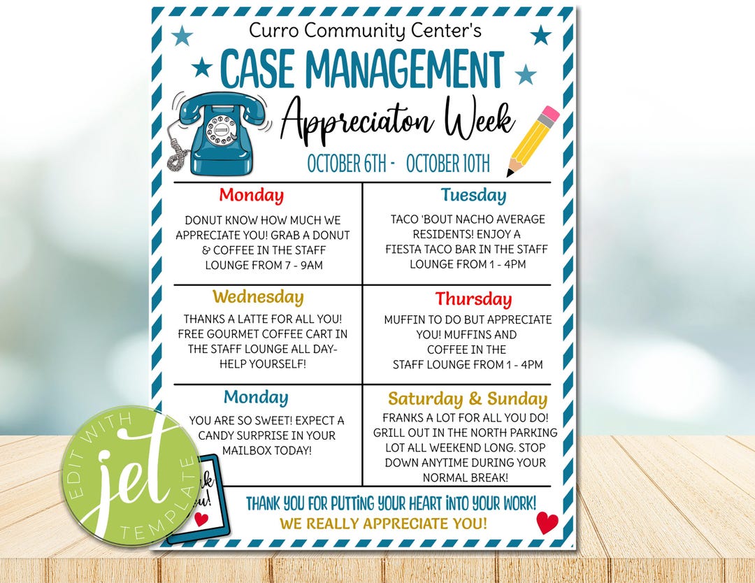 EDITABLE Case Management Week Appreciation Itinerary Flyer, Schedule Events Case Managers ...