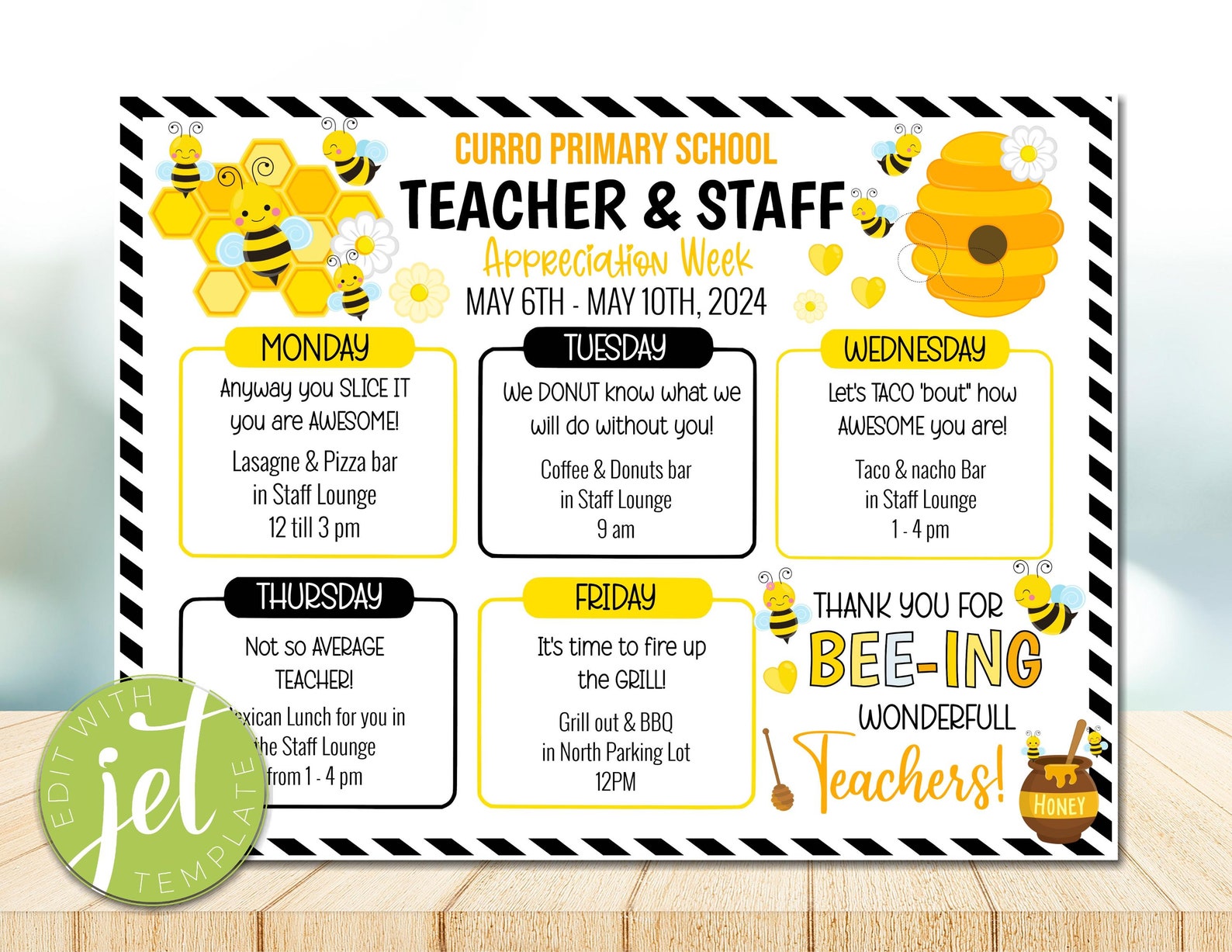 EDITABLE Bee Teacher & Staff Appreciation Flyer, Honeycomb Itinerary ...