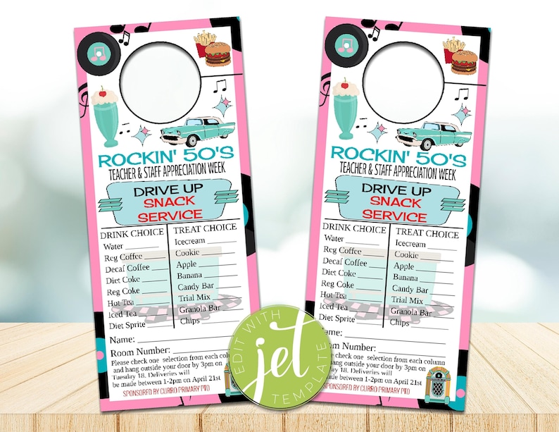 Editable 1950s Diner Theme Room Service Door Hanger, Teacher Staff ...