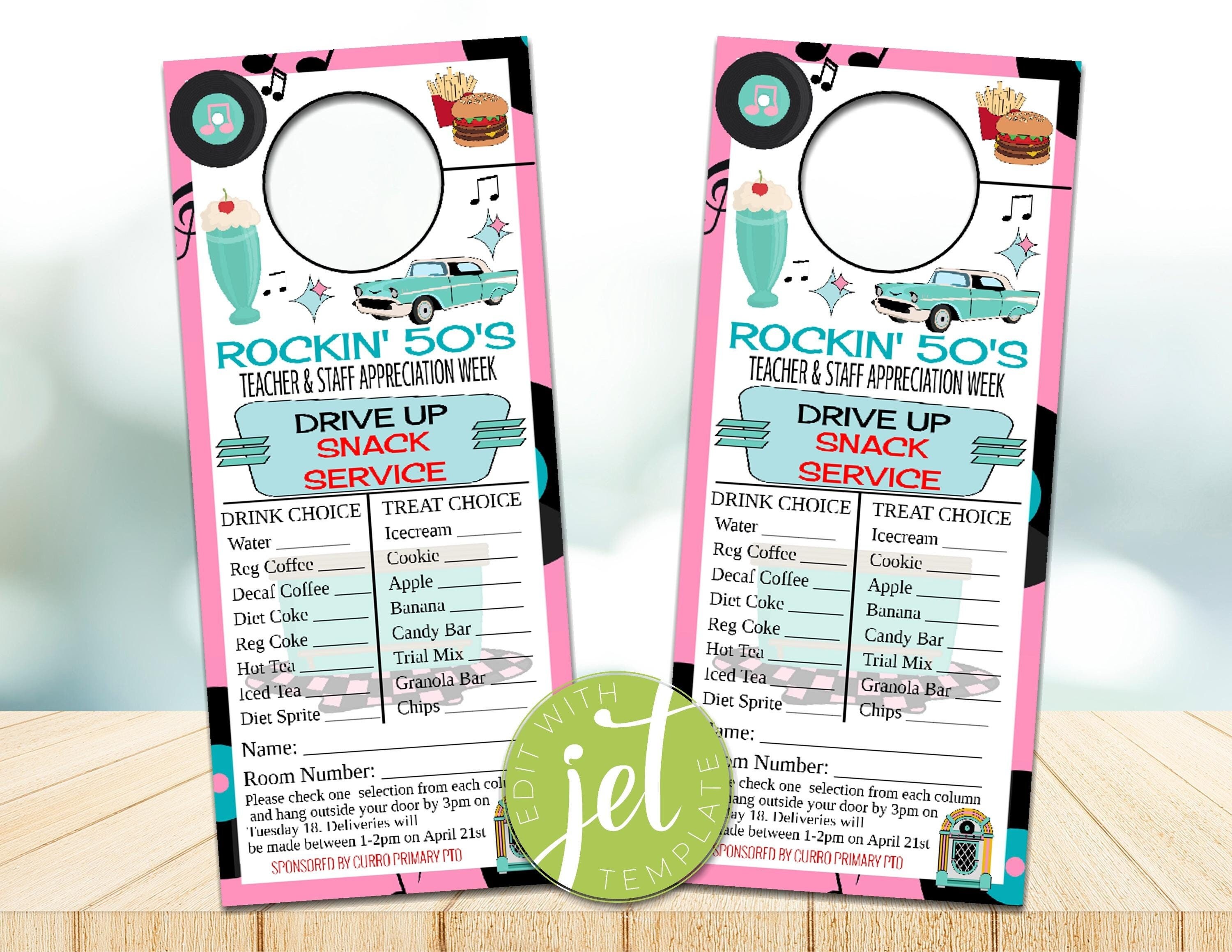Editable 1950s Diner Theme Room Service Door Hanger, Teacher Staff ...