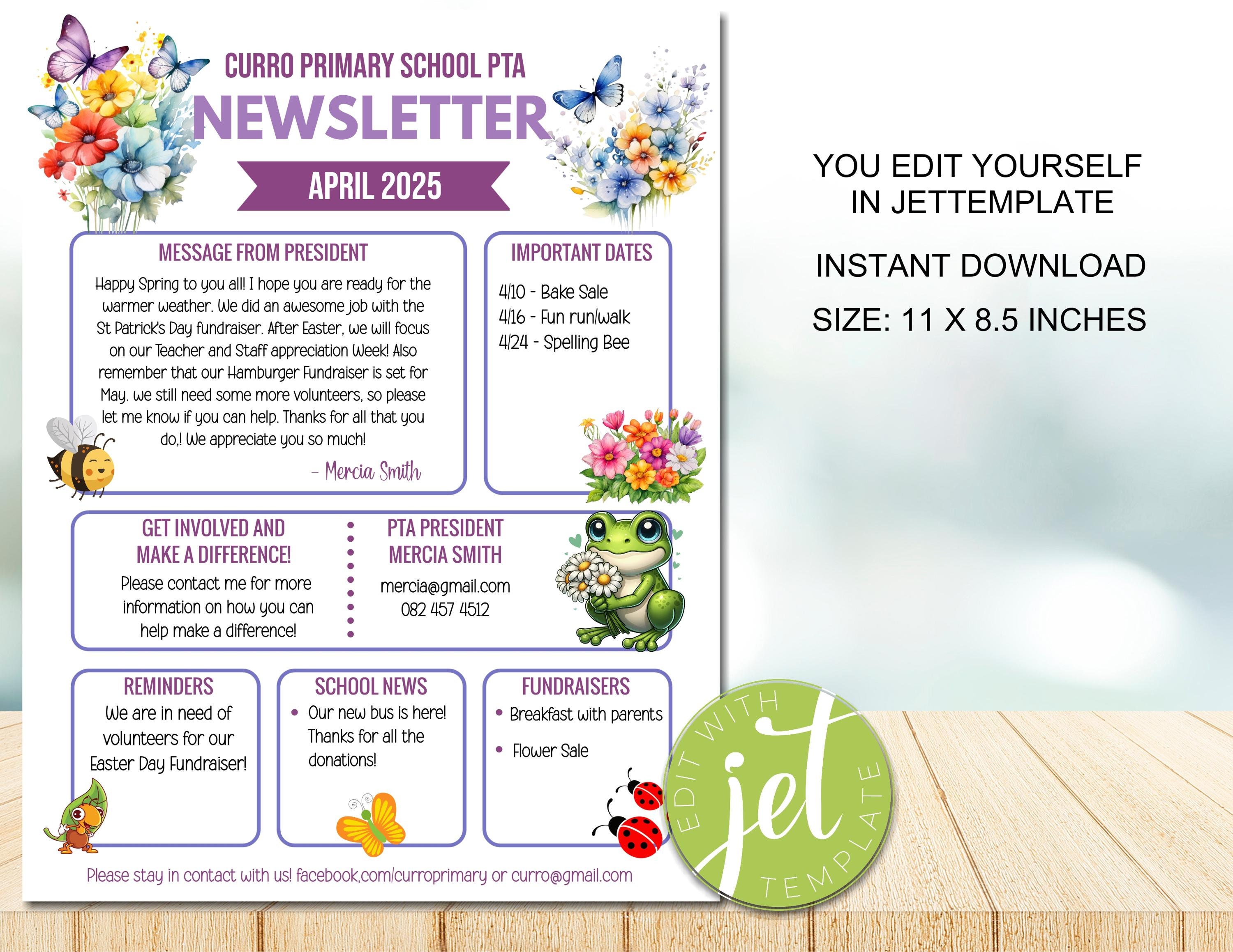 Editable April Newsletter Template, Spring PTO PTA School News, Spring ...
