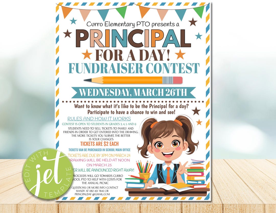 Editable Principal for a Day Contest Fundraiser Flyer, Pto, Pta ...