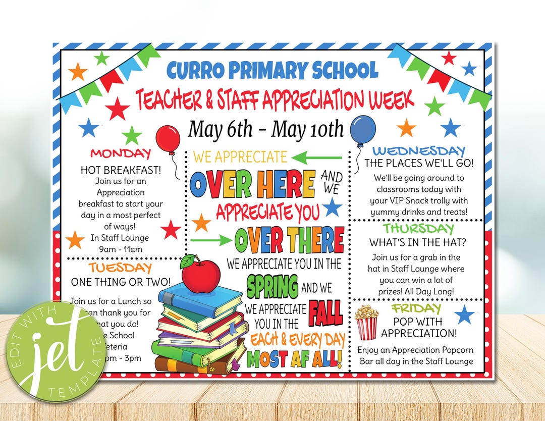 EDITABLE Storybook Reading Theme Teacher Appreciation Week Itinerary ...