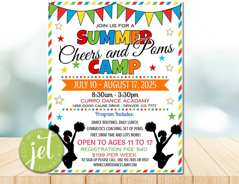 Editable Cheerleading Camp Flyer, Girls Cheer Poms Dance Team Summer ...
