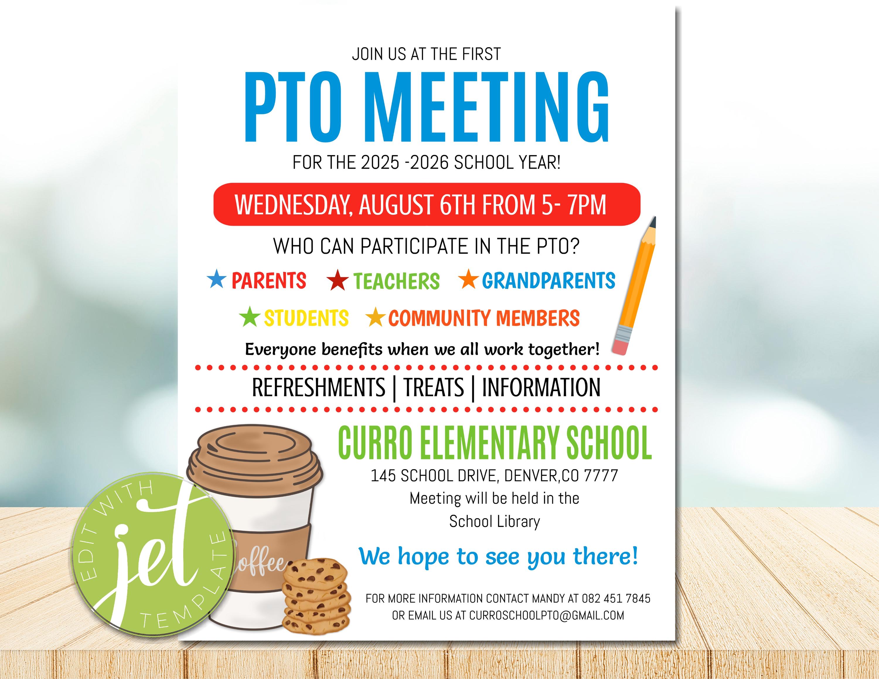 Editable School PTO Membership Drive Flyer, Annual PTA, PTO Meeting ...