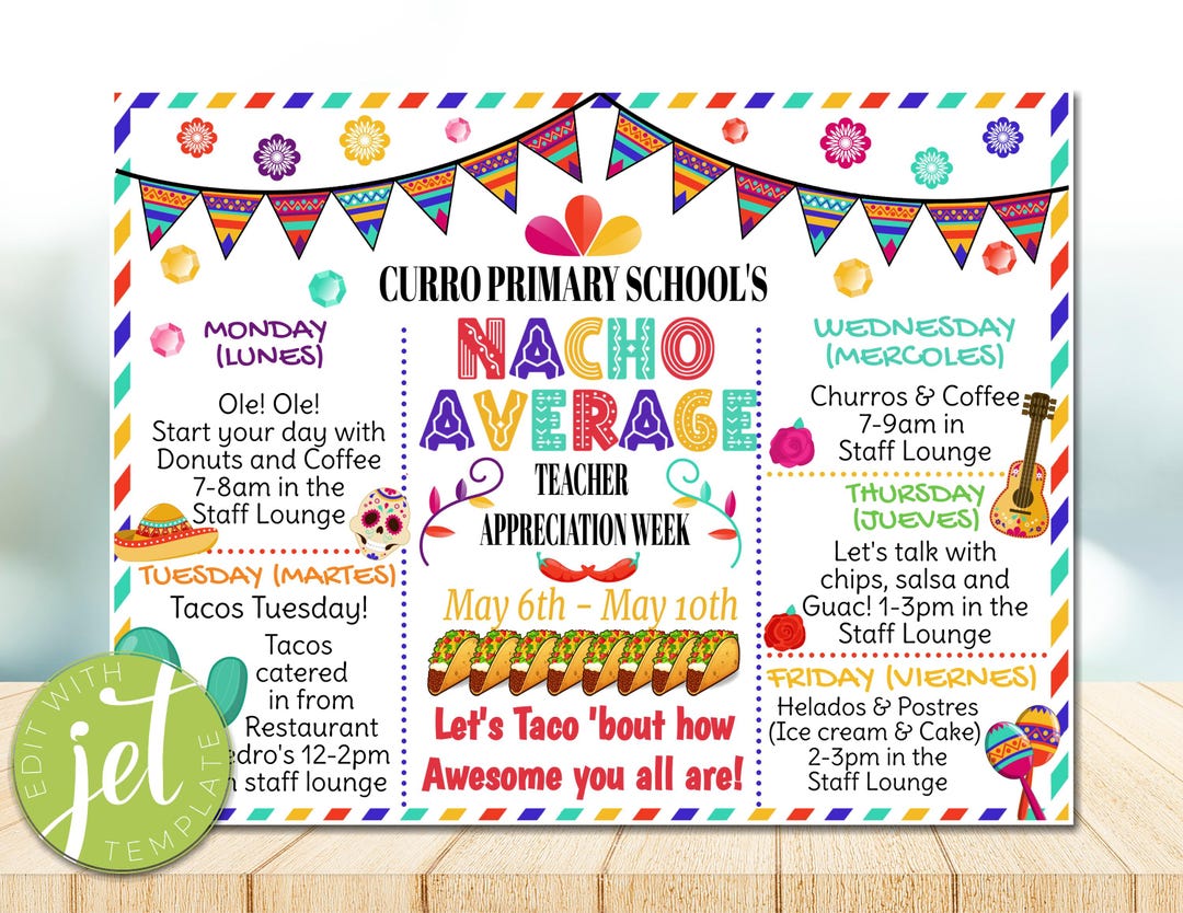 EDITABLE Nacho Average Teacher Appreciation Week Itinerary Poster ...