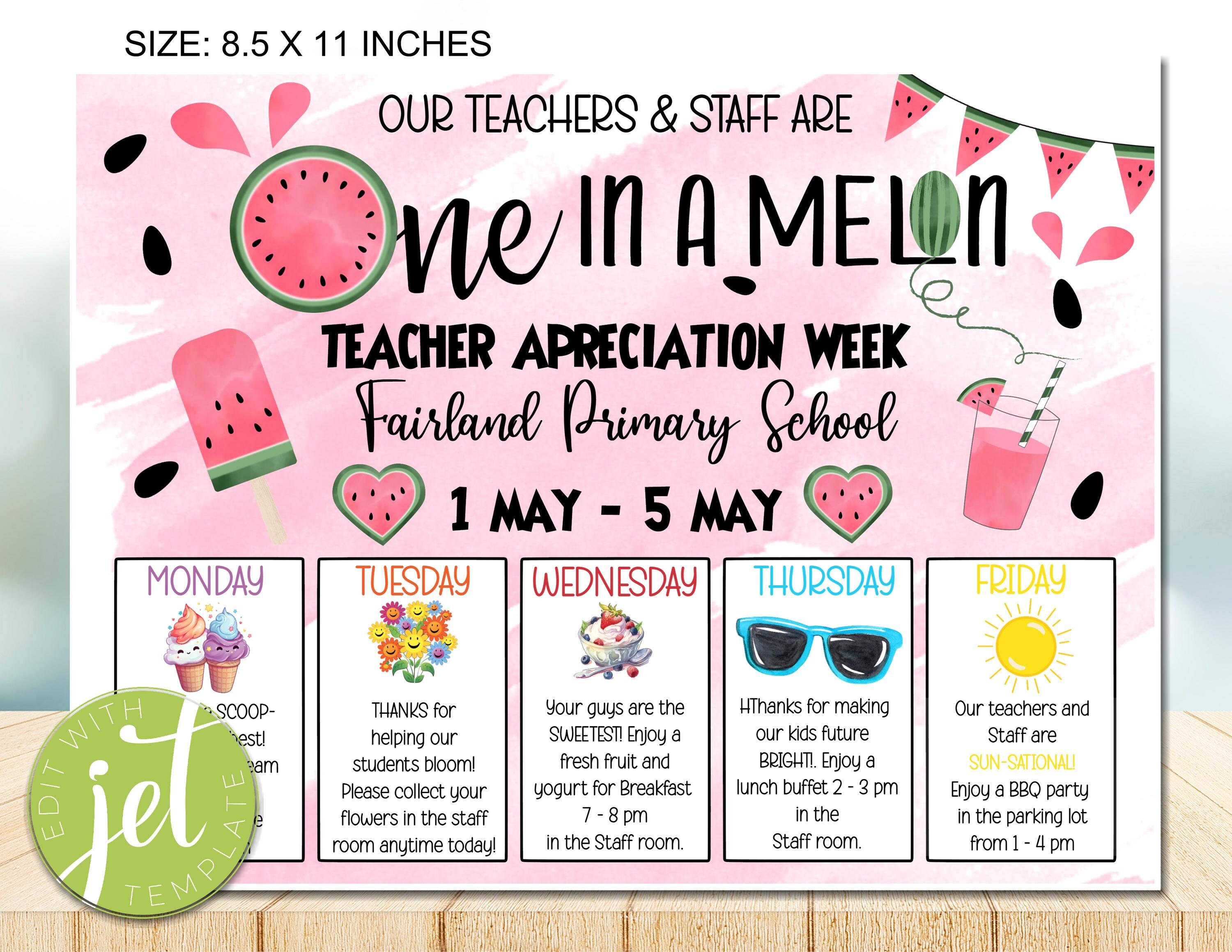 EDITABLE Teacher Appreciation Week Poster, Summer One in a Melon, Theme ...