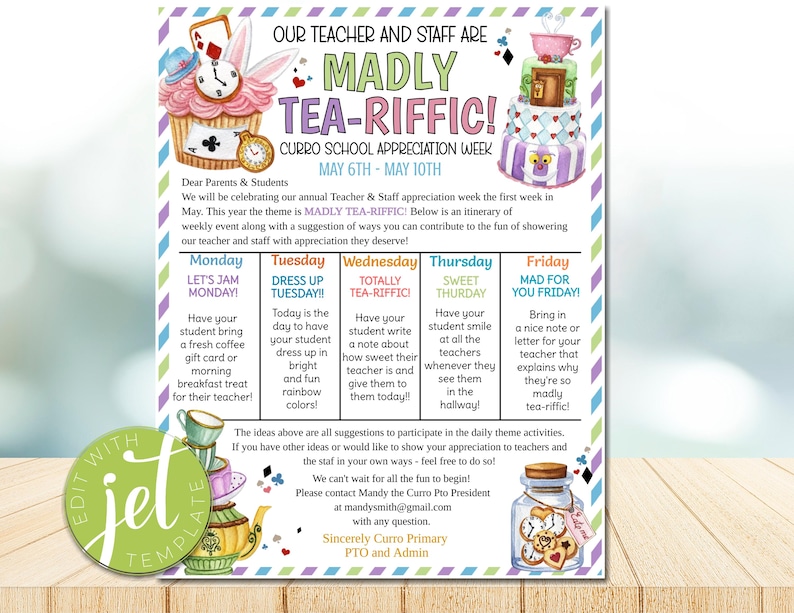 EDITABLE Mad Hatter Tea Party Themed Teacher Appreciation Week Take ...