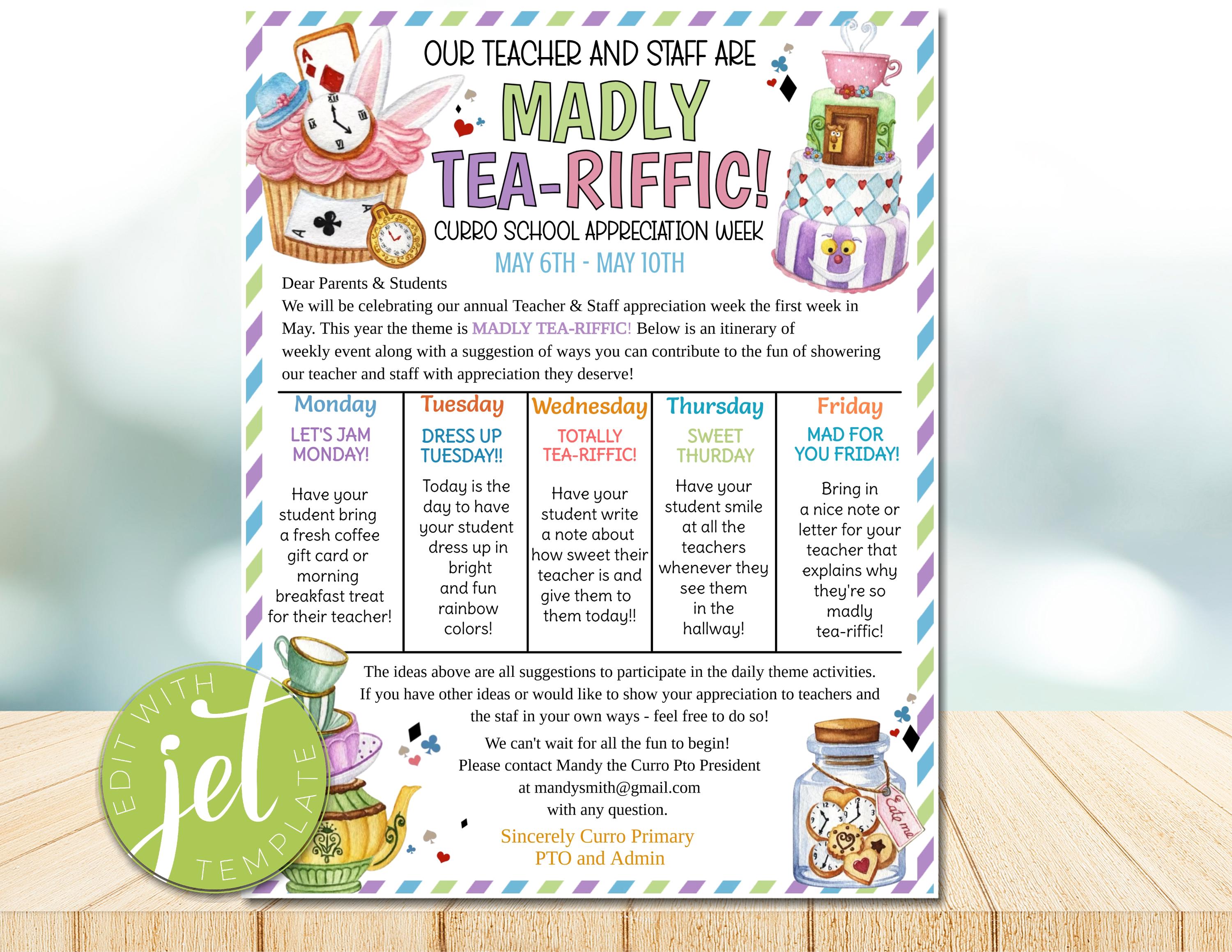 EDITABLE Mad Hatter Tea Party Themed Teacher Appreciation Week Take ...