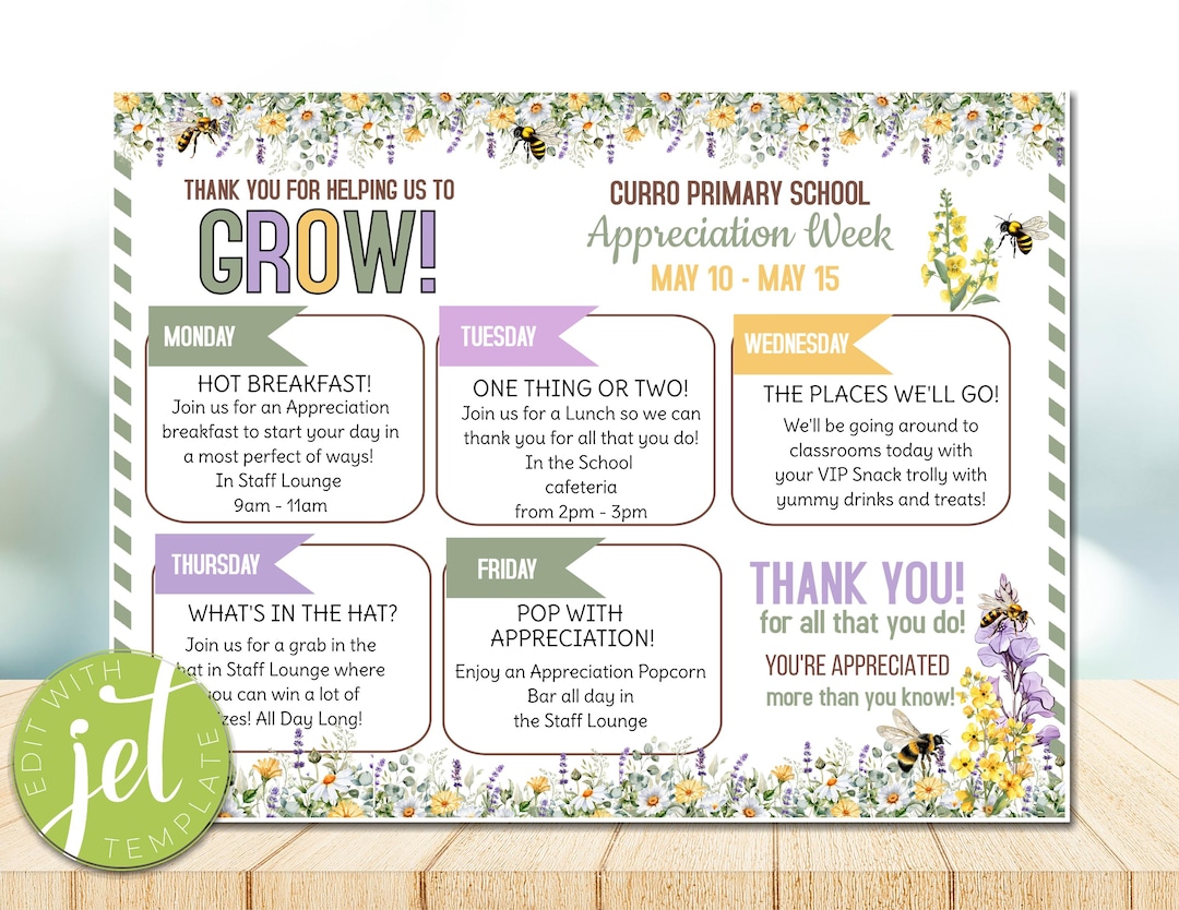 EDITABLE Teacher Appreciation Week Itinerary, Appreciation Help Us Grow ...